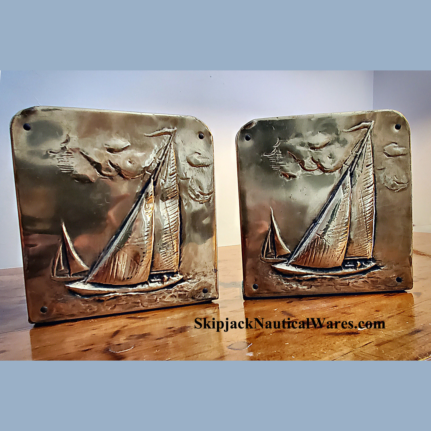 Vintage Brass Sailboat Sailing Sloop Bookends: Skipjack Nautical Wares