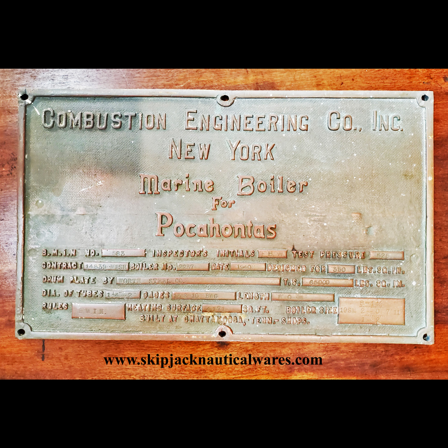 Bronze Boiler Builder's Plate Salvaged From the Ferry "SS Pocahontas ...