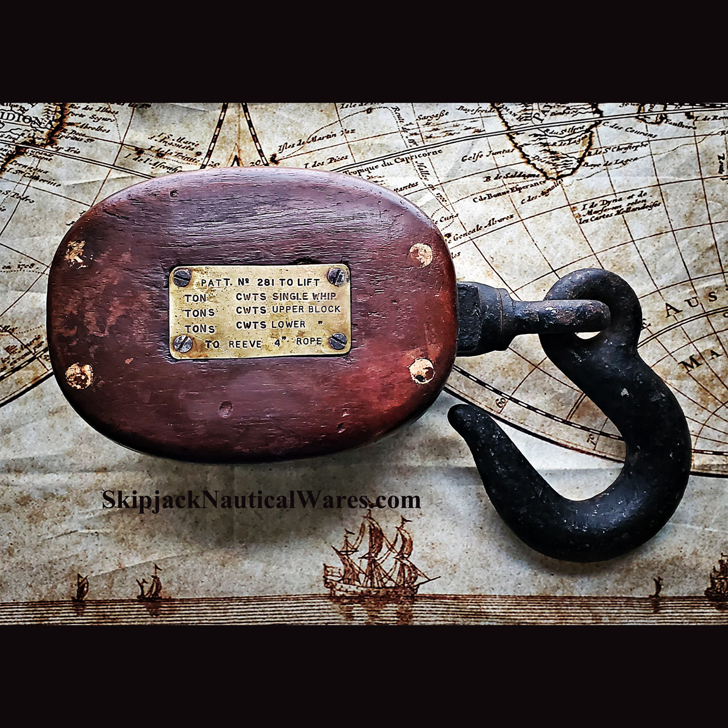 Large Mahogany, Double Purchase, Upper Block With Cast Iron Hook ...