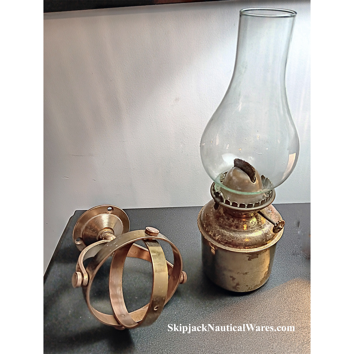 Vintage Dutch Made Brass Bulkhead Mounted Gimbal Oil Parlor Lantern, D ...