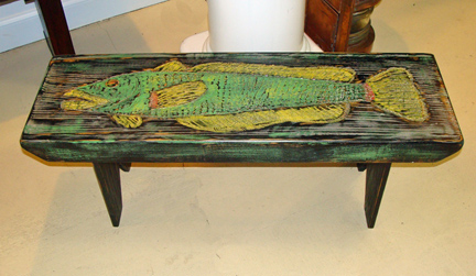 Folky Fish Bench carved and painted folk art by Joe Marinelli: Skipjack ...