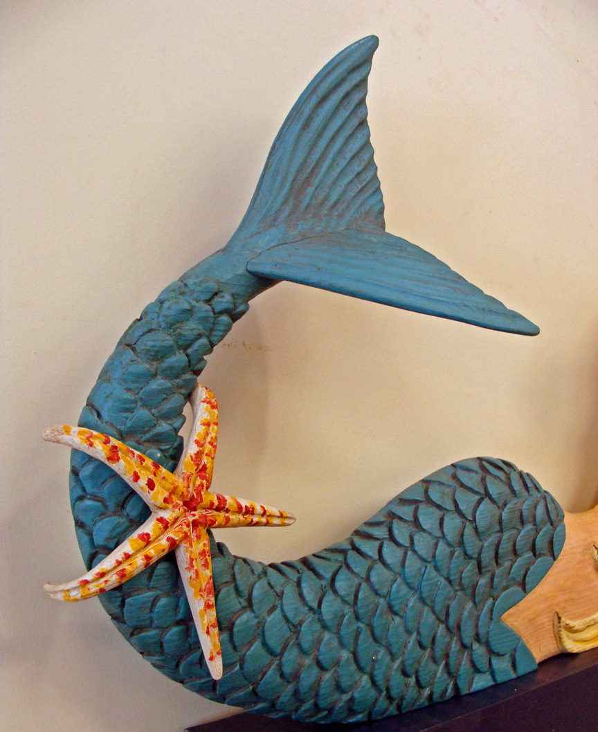 "Wave Rider Mermaid" folk art carving by J & P Johnson -- length 45 ...