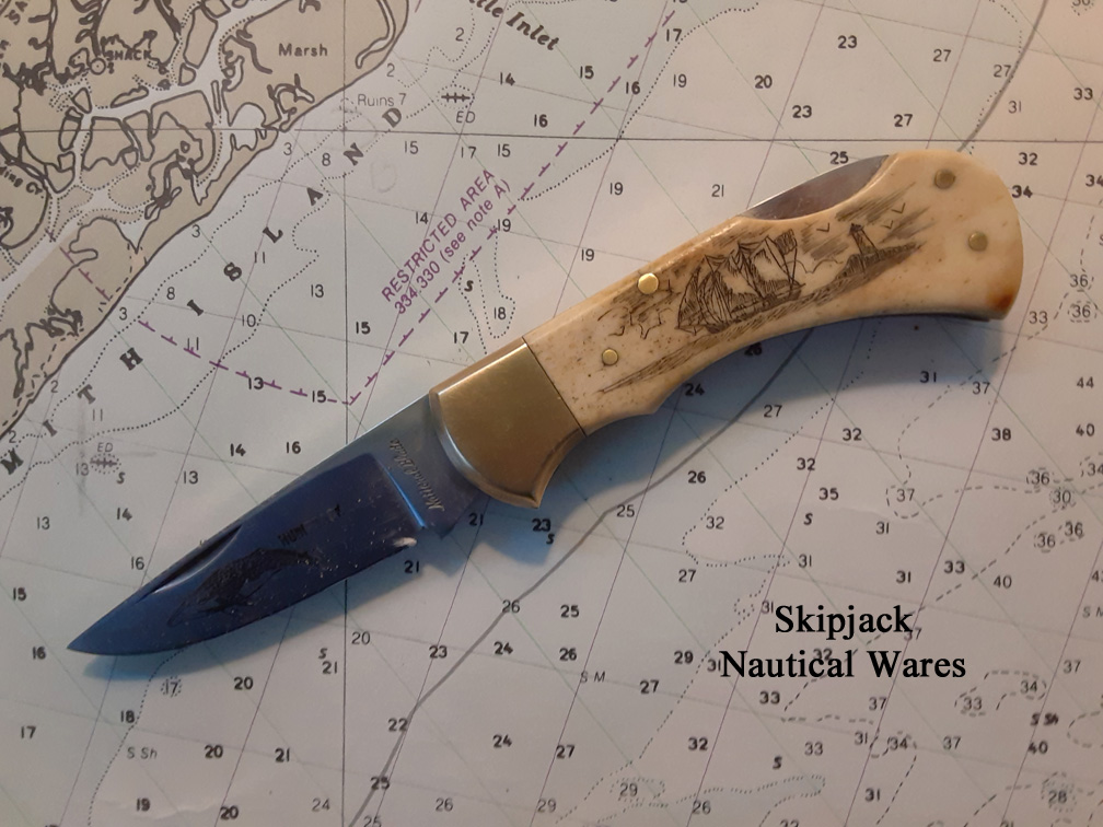 Scrimshaw Bone Handled Knife With Ship & Lighthouse Scene.: Skipjack ...